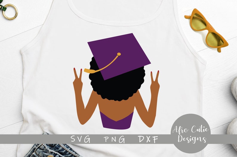 Grad Cap Svg, Woman Graduation Purple Gold Deuces - Afro Grad Girl ...